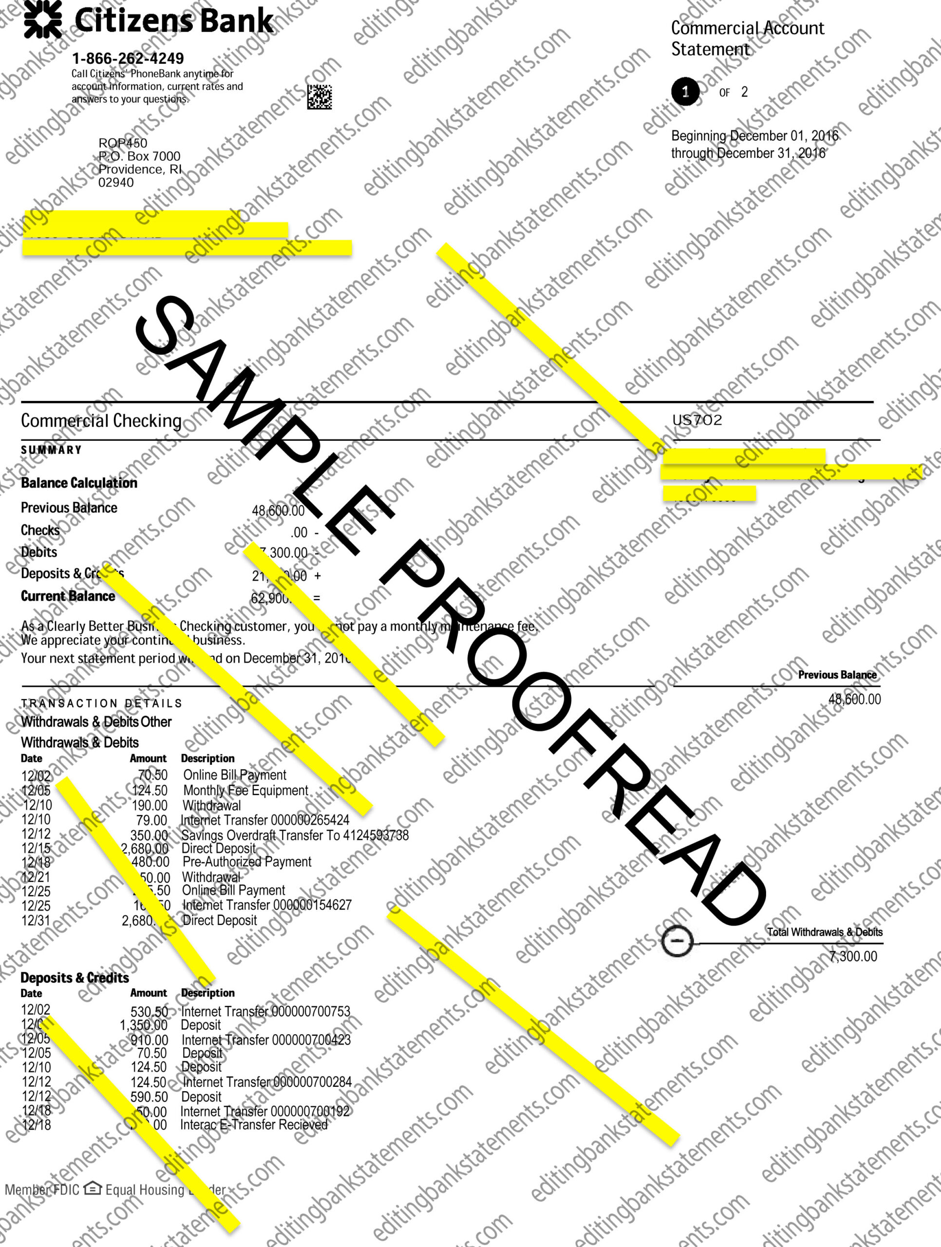 Sample Bank Statement of USA - Editing Bank Statements