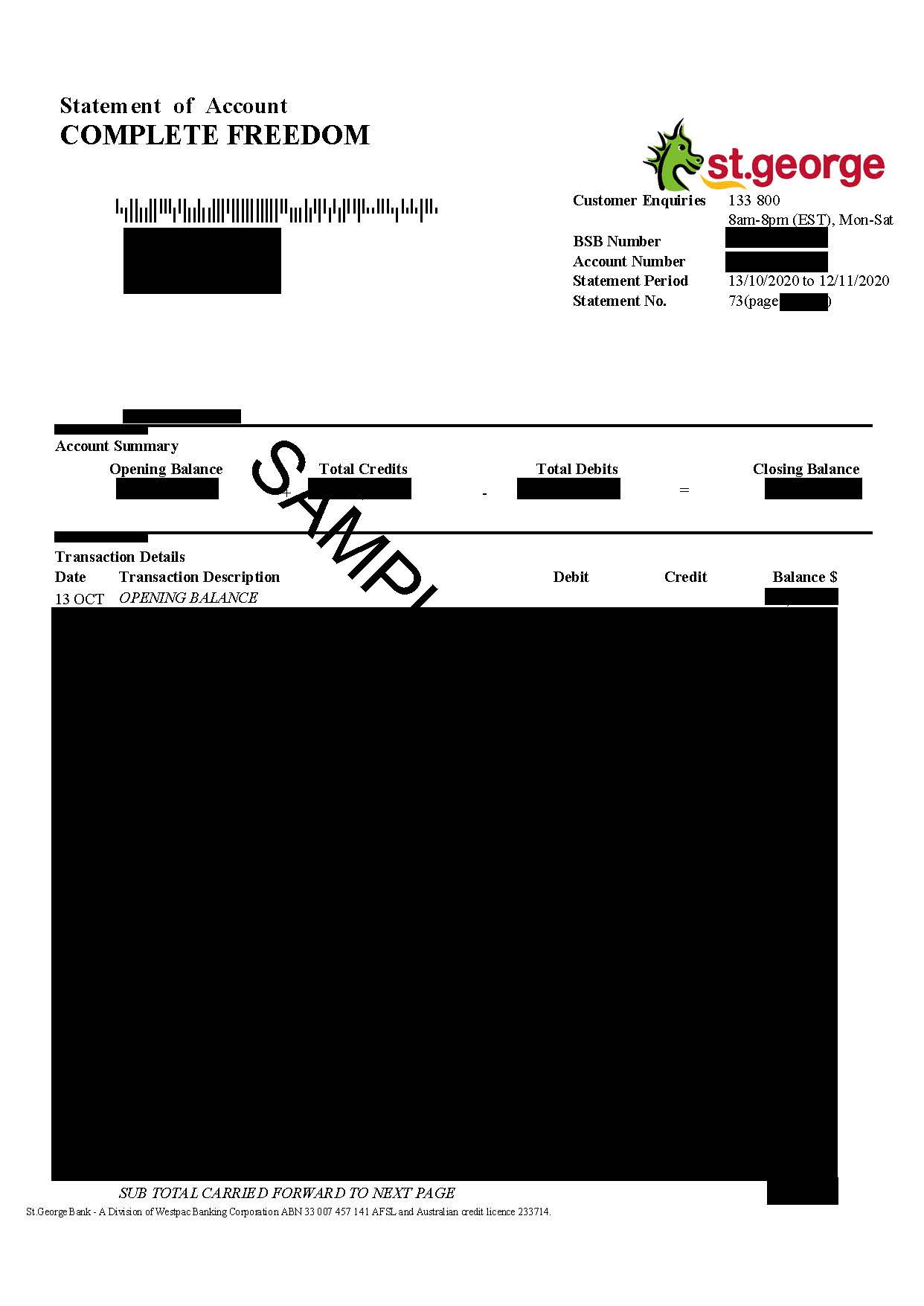 Sample of Austrailan Bank Statement - Editing Bank Statements