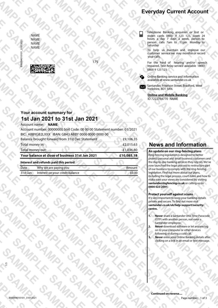 Sample of UK Bank Statements - Editing Bank Statements